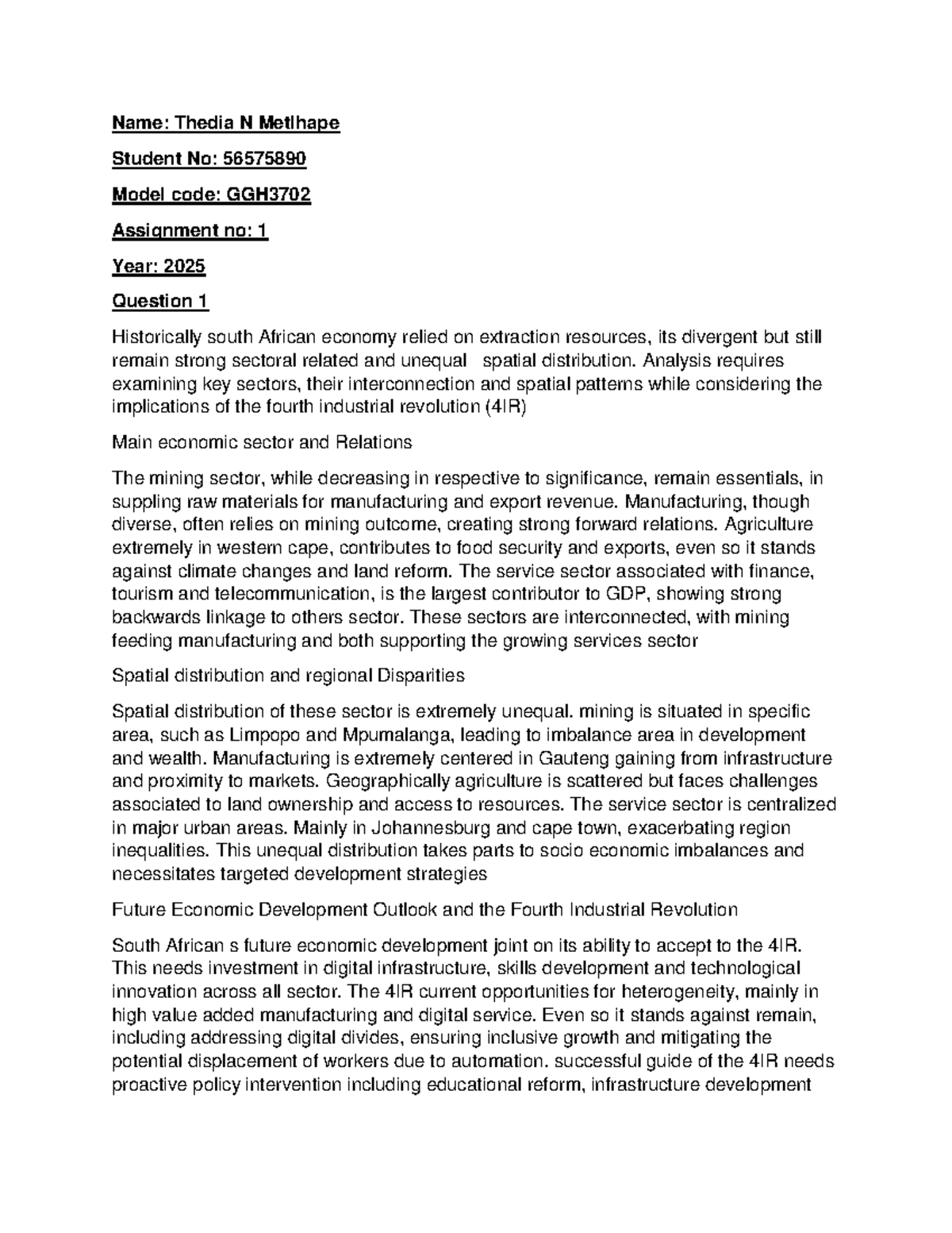 GGH3702 Assignment 1: Analyzing South Africa's Economic Sectors and 4IR ...