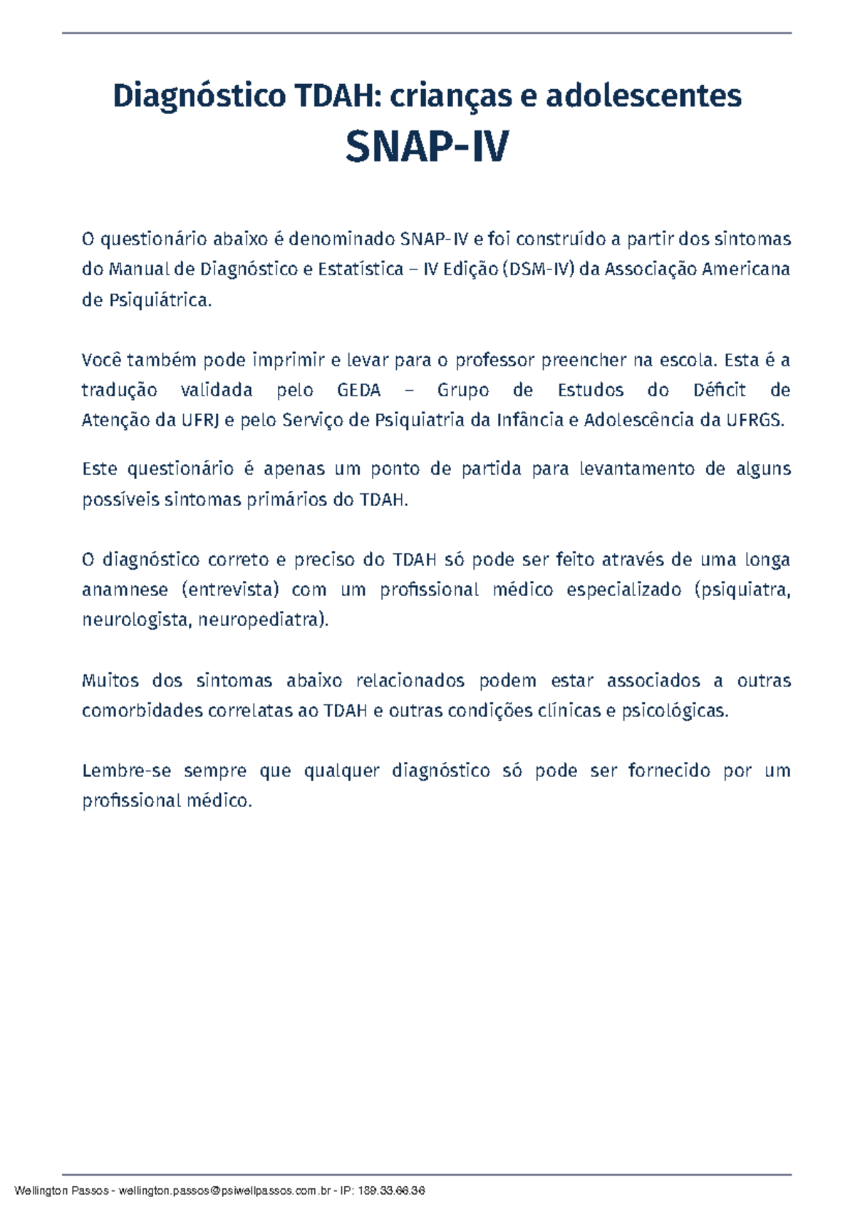 SNAP-IV: Questionário de Rastreio do TDAH para Crianças e Adolescentes ...