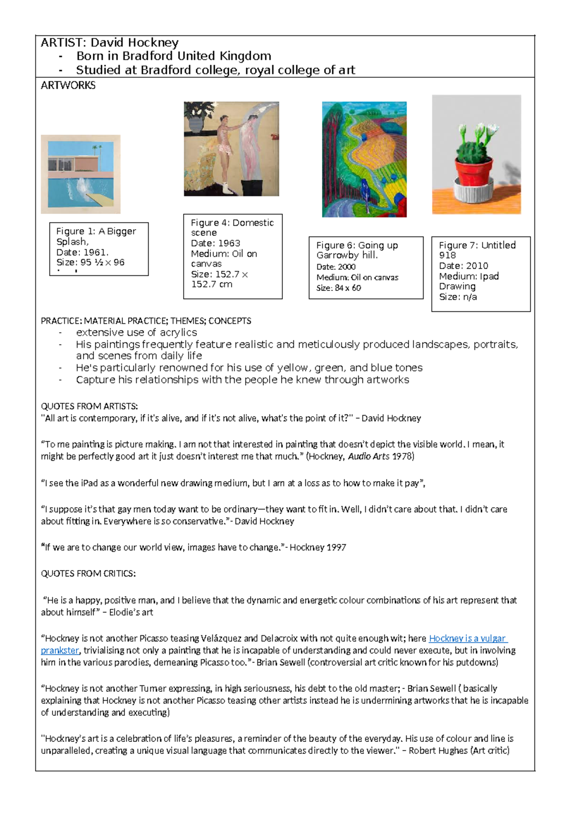 David Hockney: Summary Sheet on Artworks & Concepts - Studocu