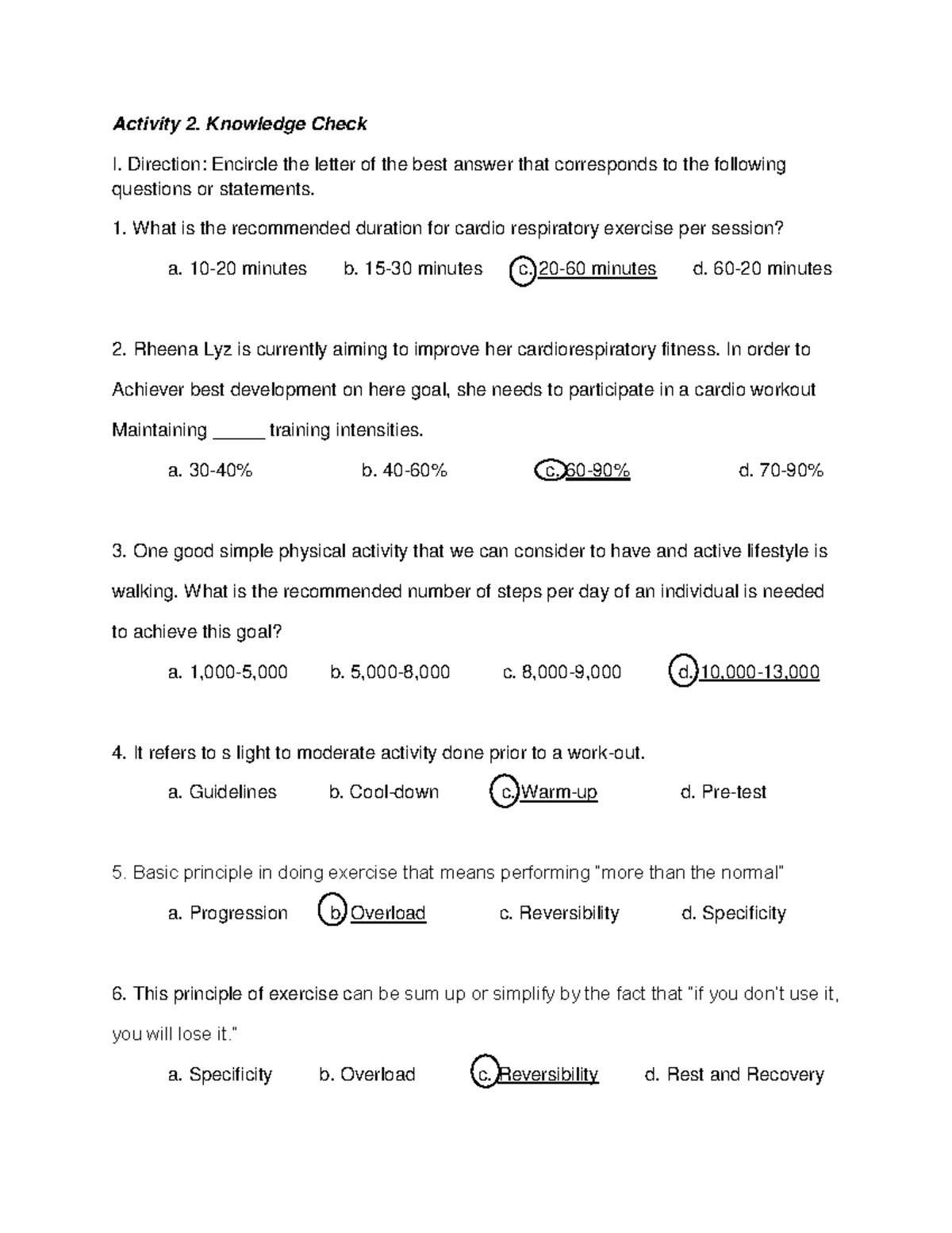 PE 101 Lesson 2 Activity 2 - Cardio & Strength Knowledge Check - Studocu