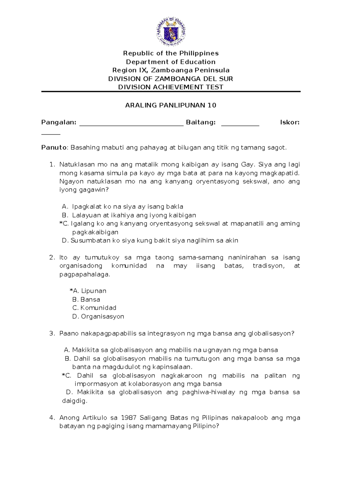 AP 10 Division Achievement Test Practice Materials - Studocu