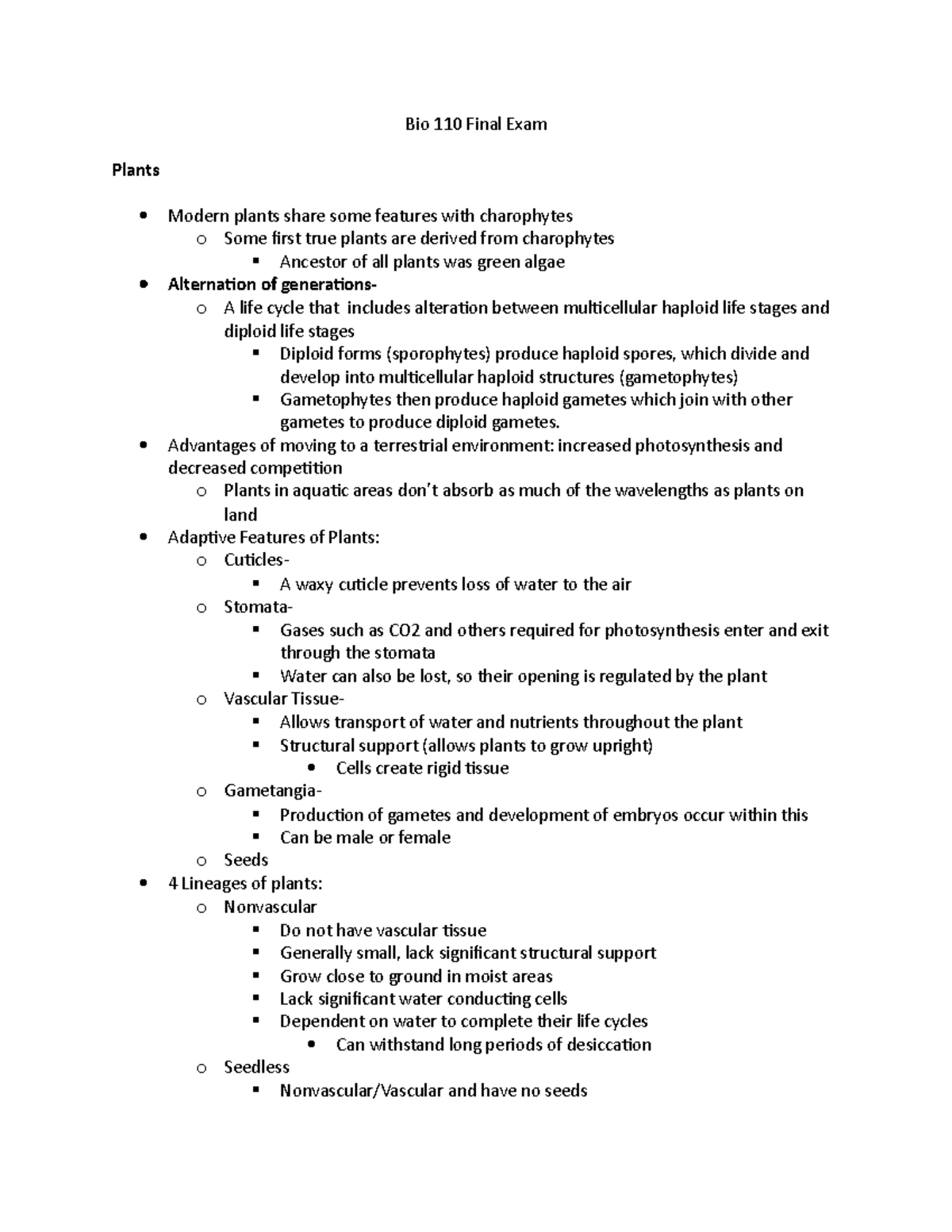 Bio 110 Exam 5 - Bio 110 Exam 5 note sheet - Bio 110 Final Exam Plants ...