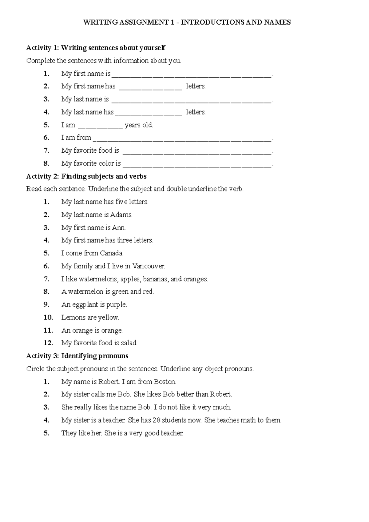 WRITING ASSIGNMENT 1: INTRODUCTIONS AND NAMES Activities and Exercises ...