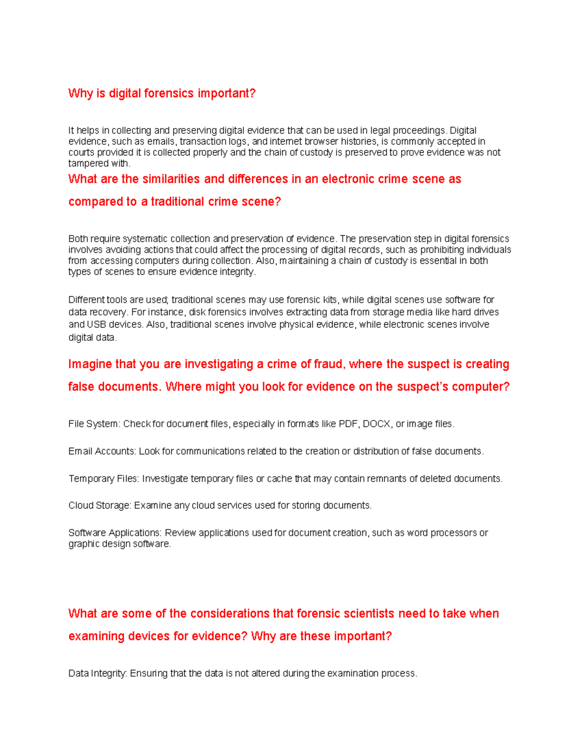 Critical Thinking Questions on Digital Forensics - Unit 7 - Studocu