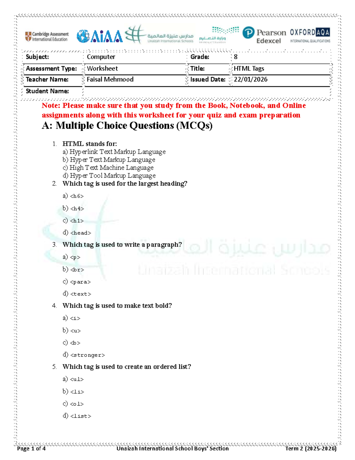 Chapter 4 HTML Tags Worksheet G8 - Studocu
