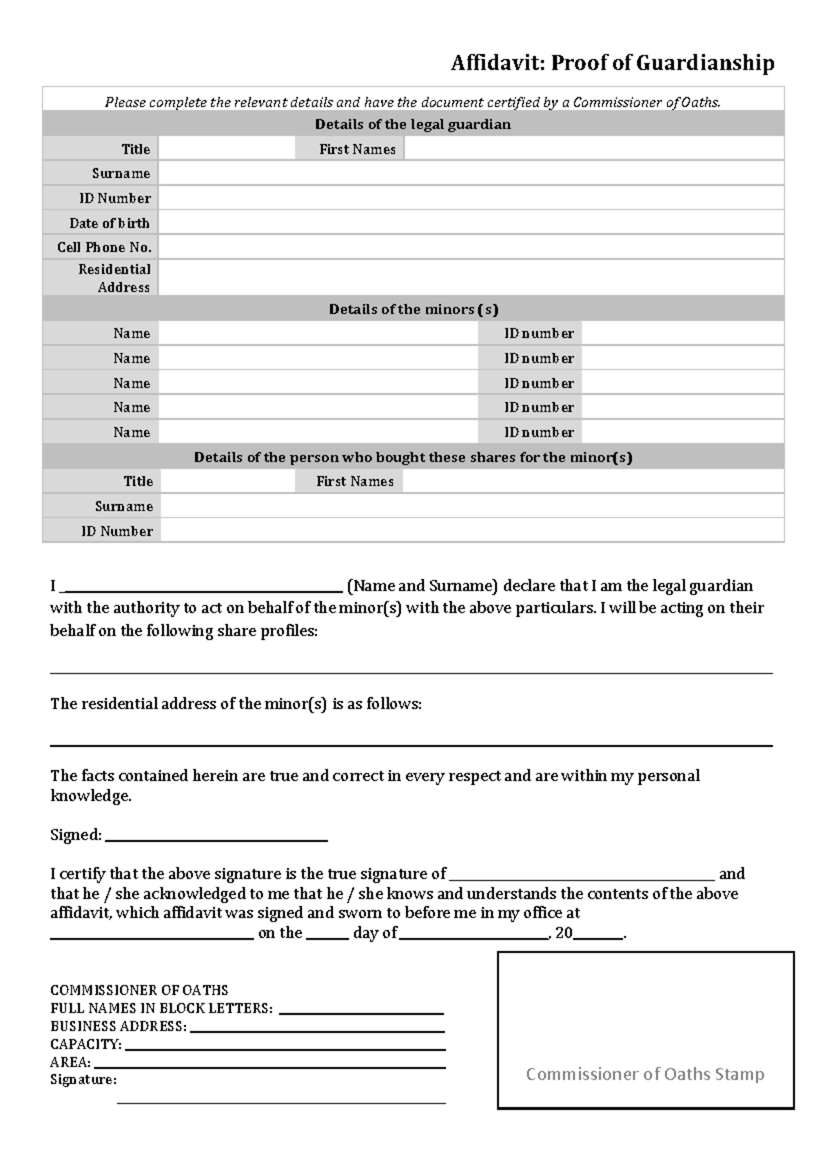 Proof of Guardianship Affidavit - Affidavit: Proof of Guardianship . I ...