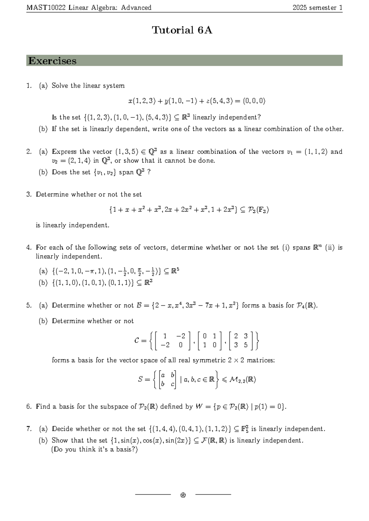 MAST10022 2025 Tutorial 6A: Linear Algebra Exercises and Solutions ...