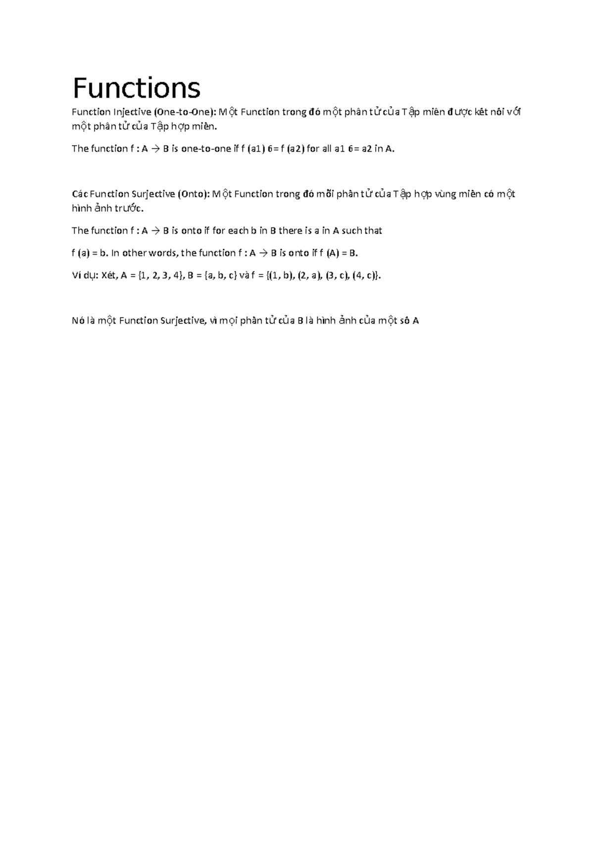 Functions - function là gì - Functions Function Injective (One-to-One): M ột Function trong đó m ...