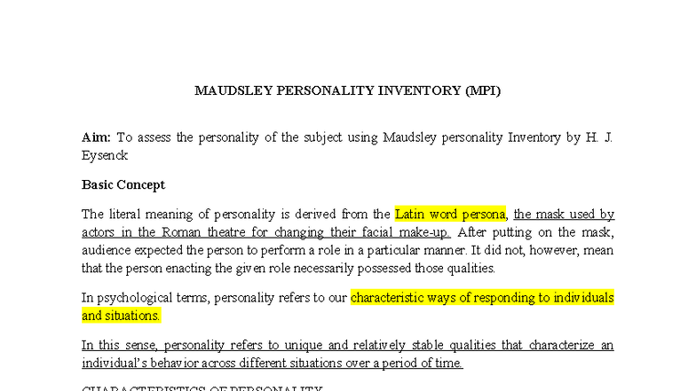 MAUDSLEY PERSONALITY INVENTORY (MPI) Assessment and Analysis - Studocu
