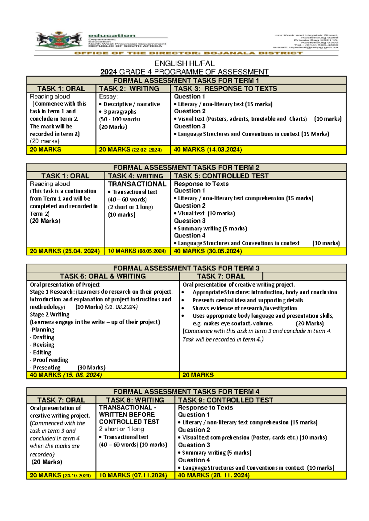 2024 ENGLISH GRADE 4 HL&FAL PROGRAMME OF ASSESSMENT Overview - Studocu