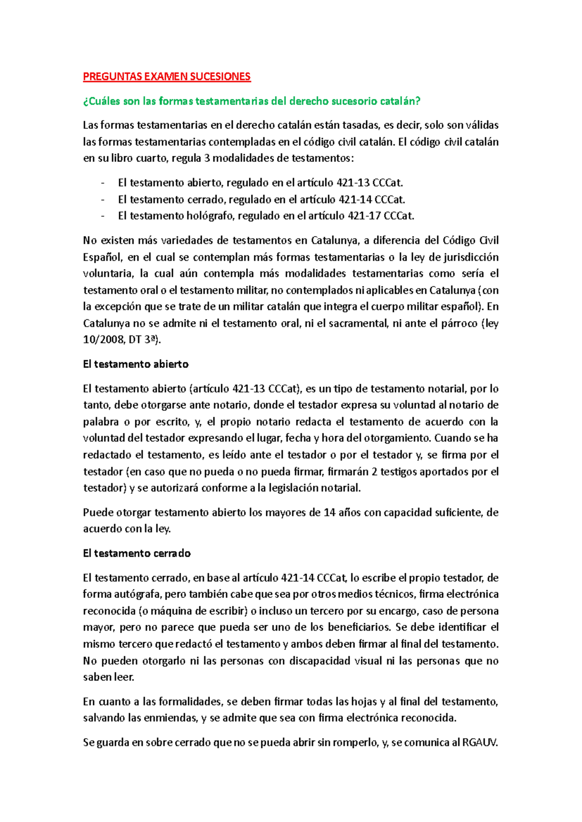 Preguntas Examen Sucesiones: Formas Testamentarias en Derecho Catalán ...