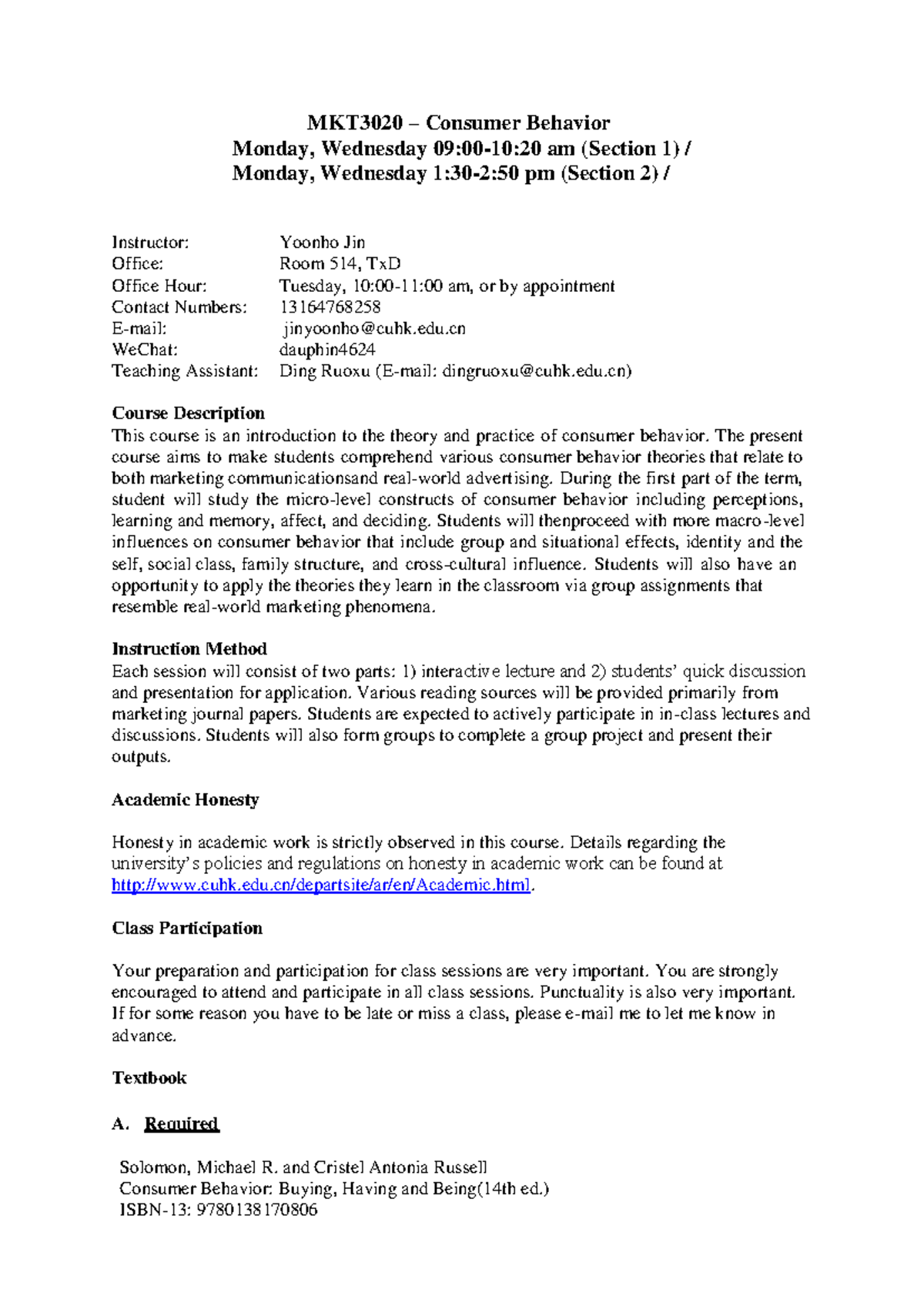 MKT3020 Consumer Behavior Course Syllabus and Key Information - Studocu