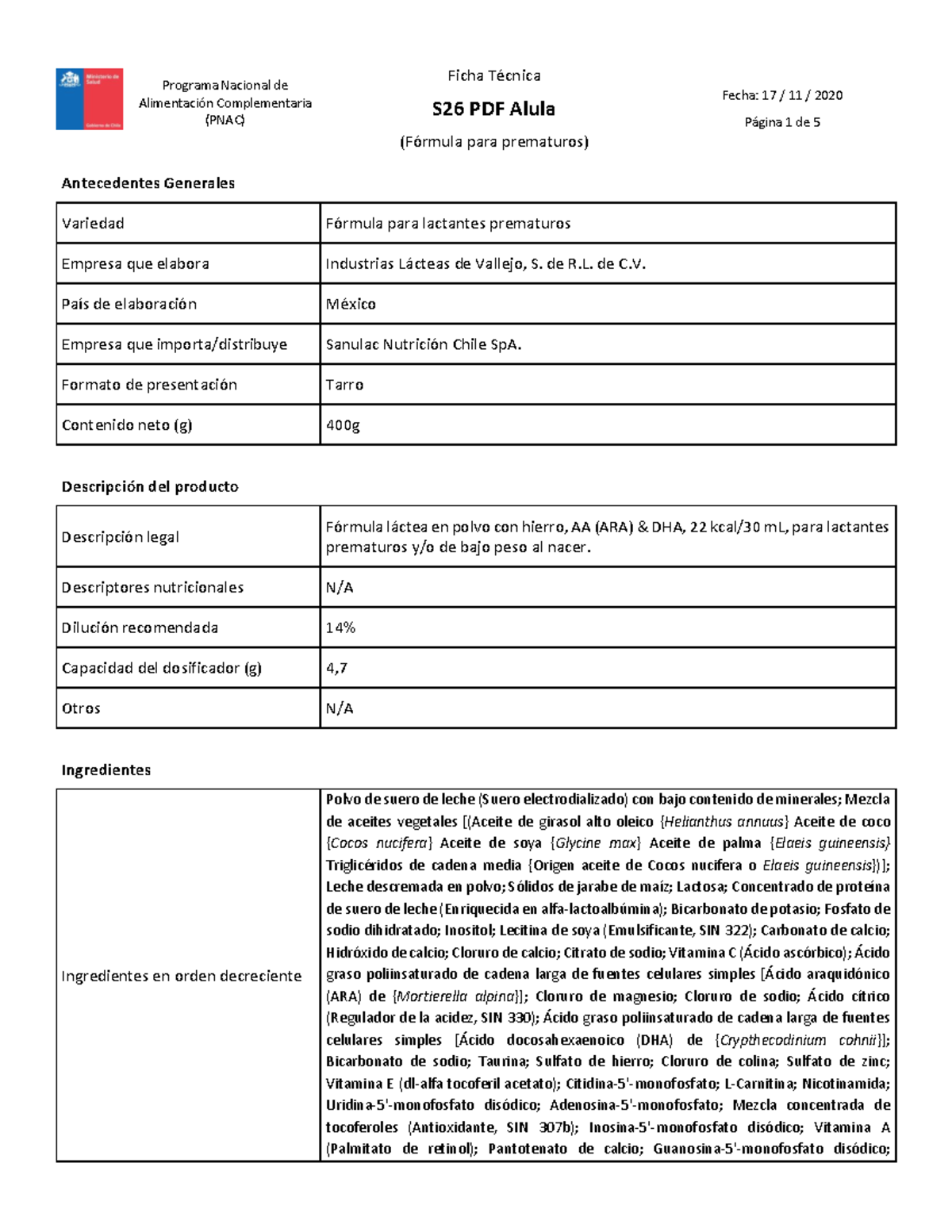 Ficha Técnica PNAC S26: Fórmula para Lactantes Prematuros - Studocu