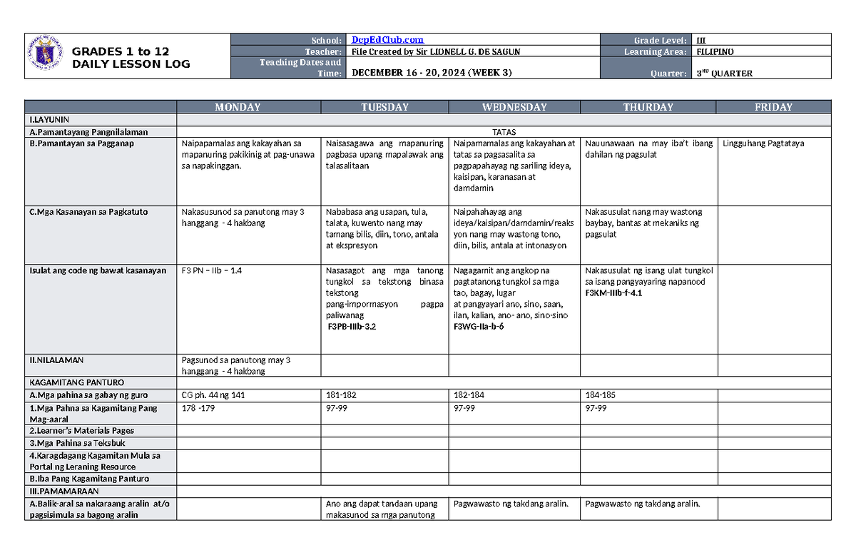 DLL Filipino 3 Q3 W3 - ,ml.,kmol. - GRADES 1 to 12 DAILY LESSON LOG School: DepEdClub Grade ...
