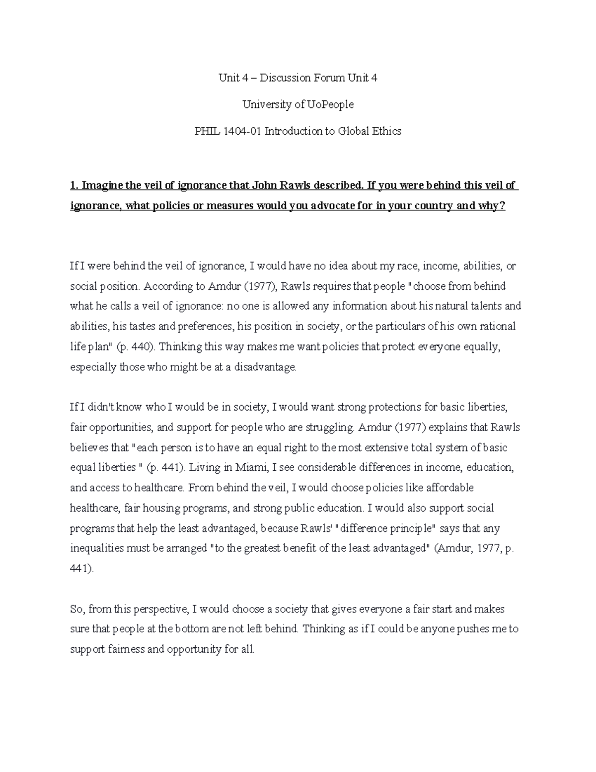 PHIL 1404 - Unit 4 Discussion Forum on Rawls' Veil of Ignorance - Studocu