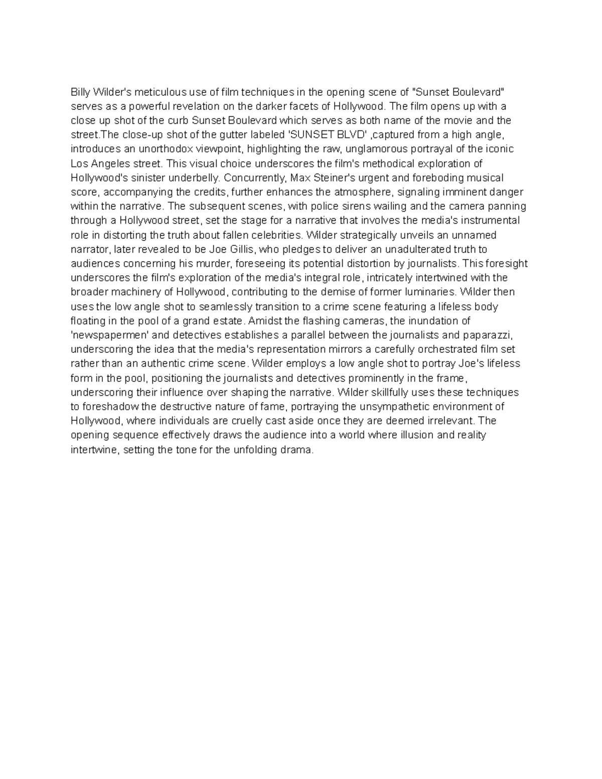 Scene Analysis: Film Techniques in Sunset Blvd's Opening Scene - Studocu