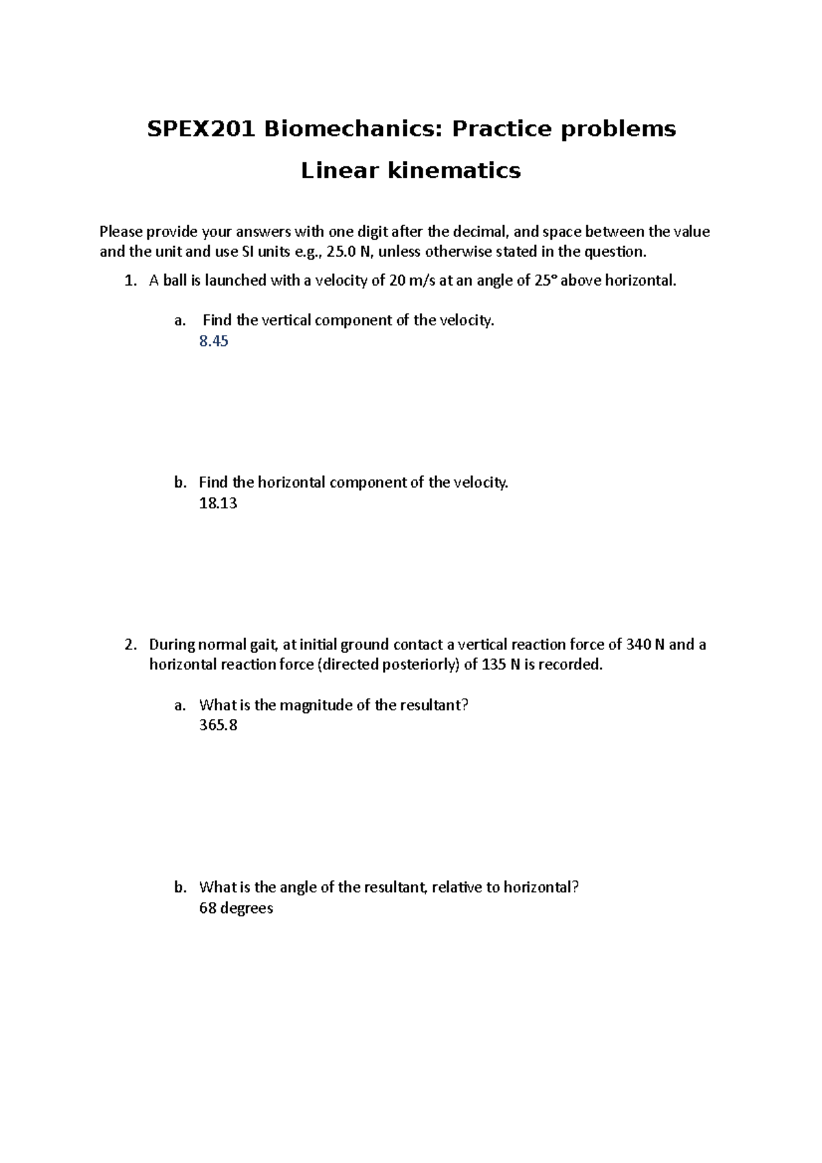 SPEX201: Linear Kinematics Practice Problems & Solutions - Studocu