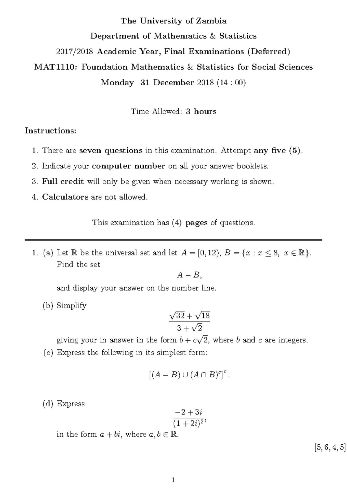 MAT1110 Final Exam 2017 Deferred: Foundation Math & Stats for Social ...
