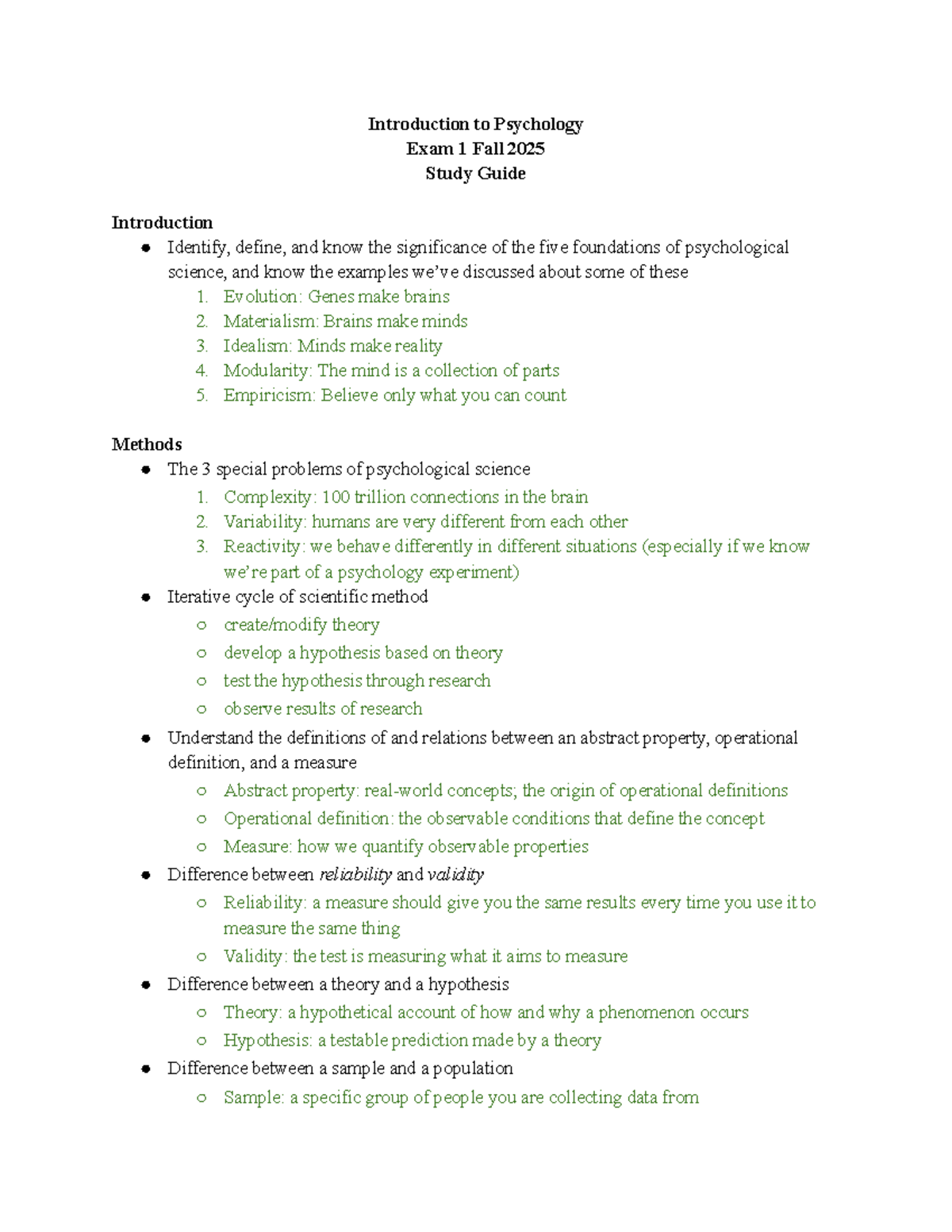 PSY 101: Introduction to Psychology Exam 1 Study Guide Fall 2025 - Studocu