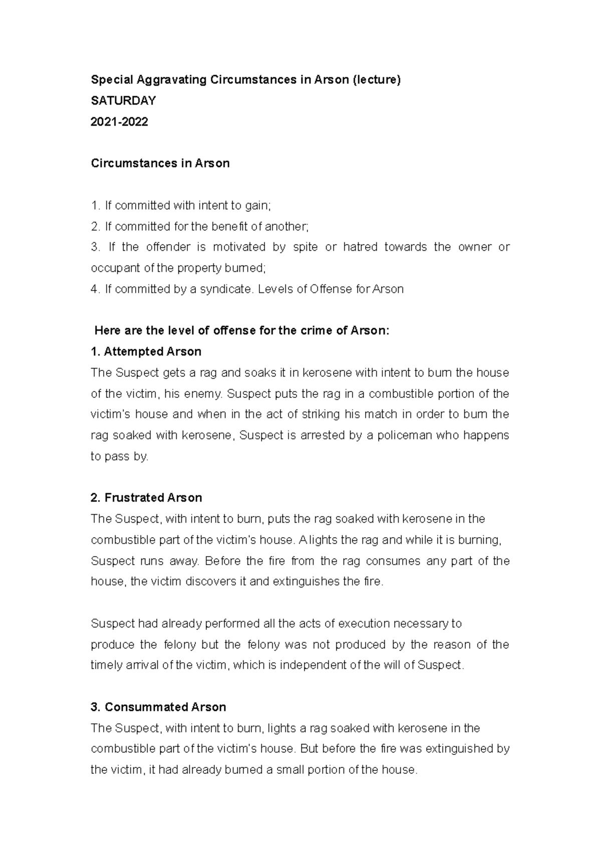 Lecture Notes on Special Aggravating Circumstances in Arson - Studocu