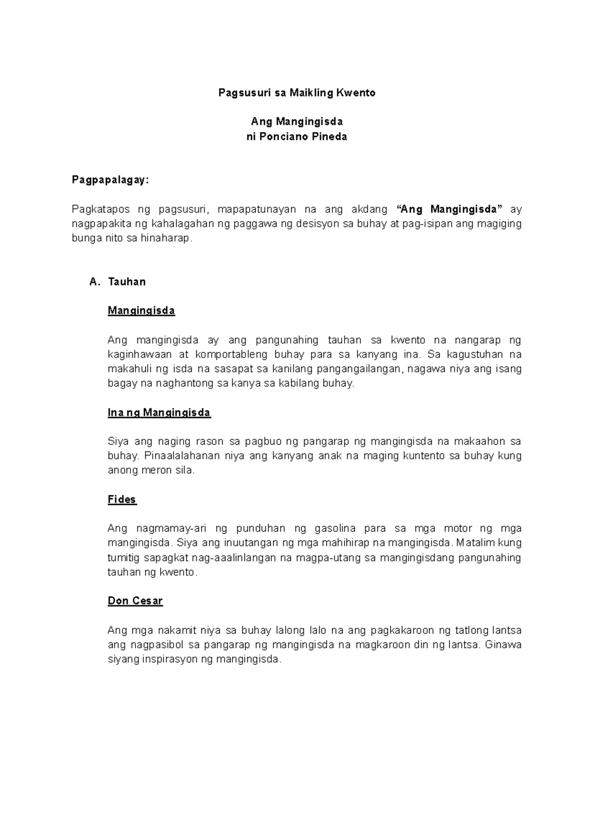 Pagsusuri sa Maikling Kwento: Ang Mangingisda ni Ponciano Pineda - Studocu