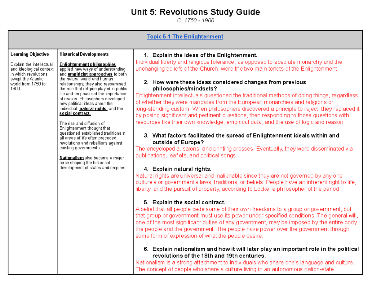 Copy of AP World History Unit 5 Study Guide - Unit 5: Revolutions Study ...