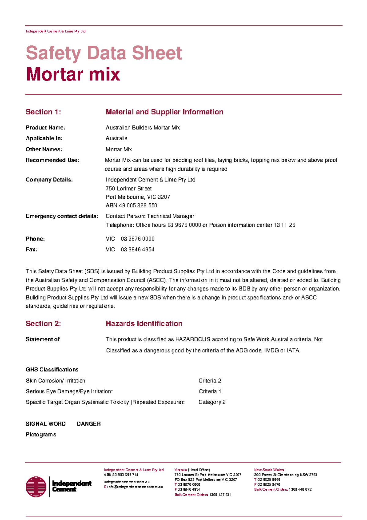 Safety Data Sheet (SDS) for Mortar Mix - MM20 - Studocu