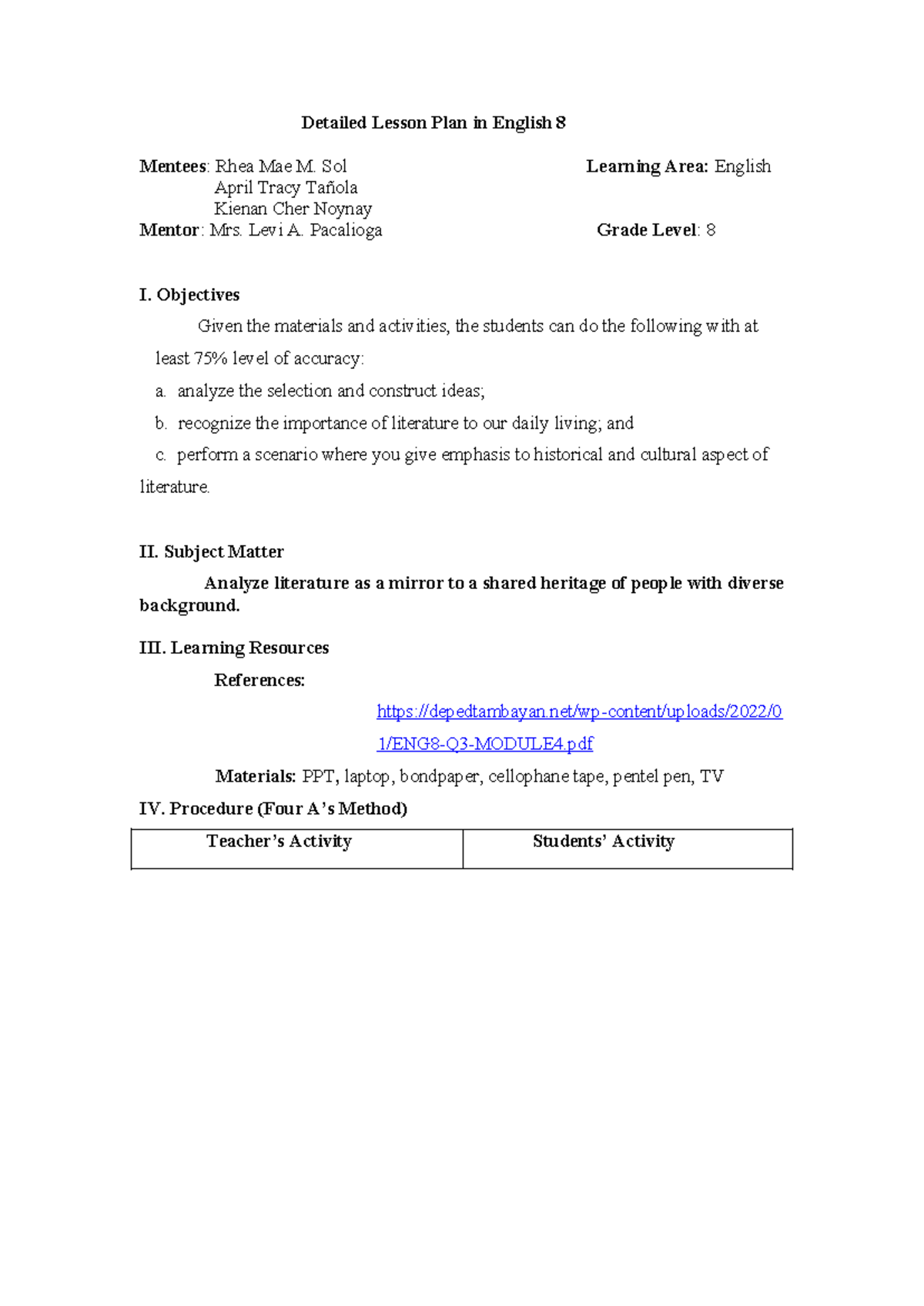 Benlac- Lesson-PLAN 090555 - Detailed Lesson Plan in English 8 Mentees ...