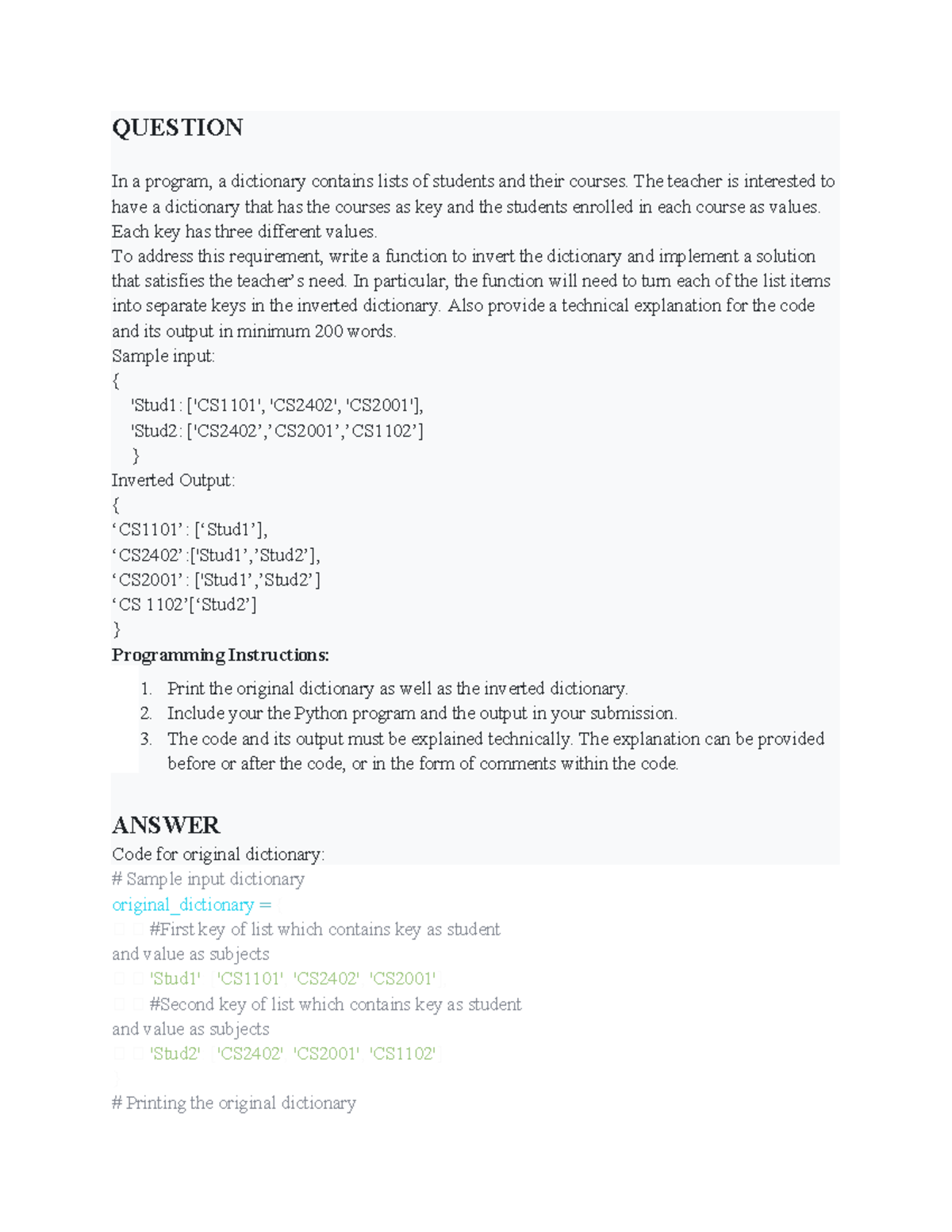CS 1101 Final Assignment: Inverting Student-Course Dictionary - Studocu