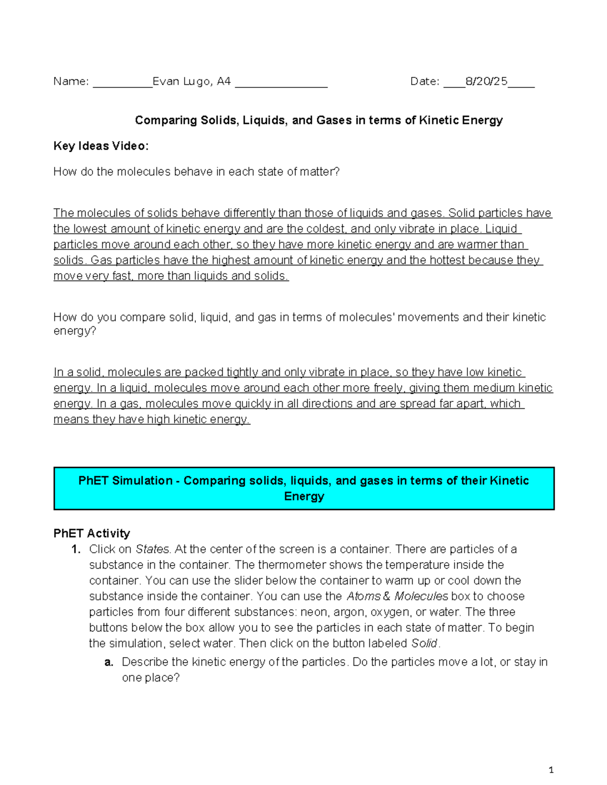 Comparing Solids, Liquids, and Gases: Kinetic Energy Insights (A4 ...