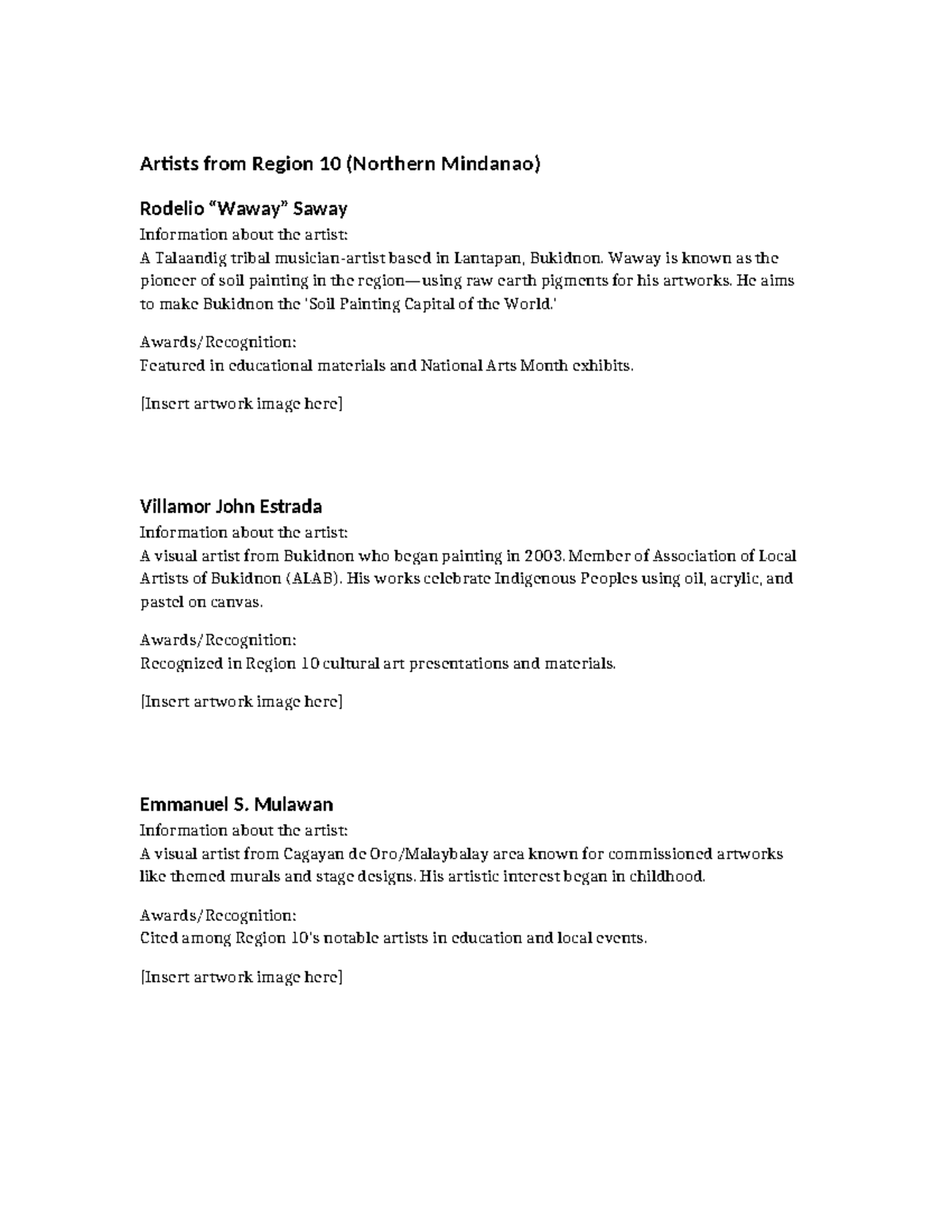 Region 10 Artists: Profiles of Notable Visual Creatives - Studocu