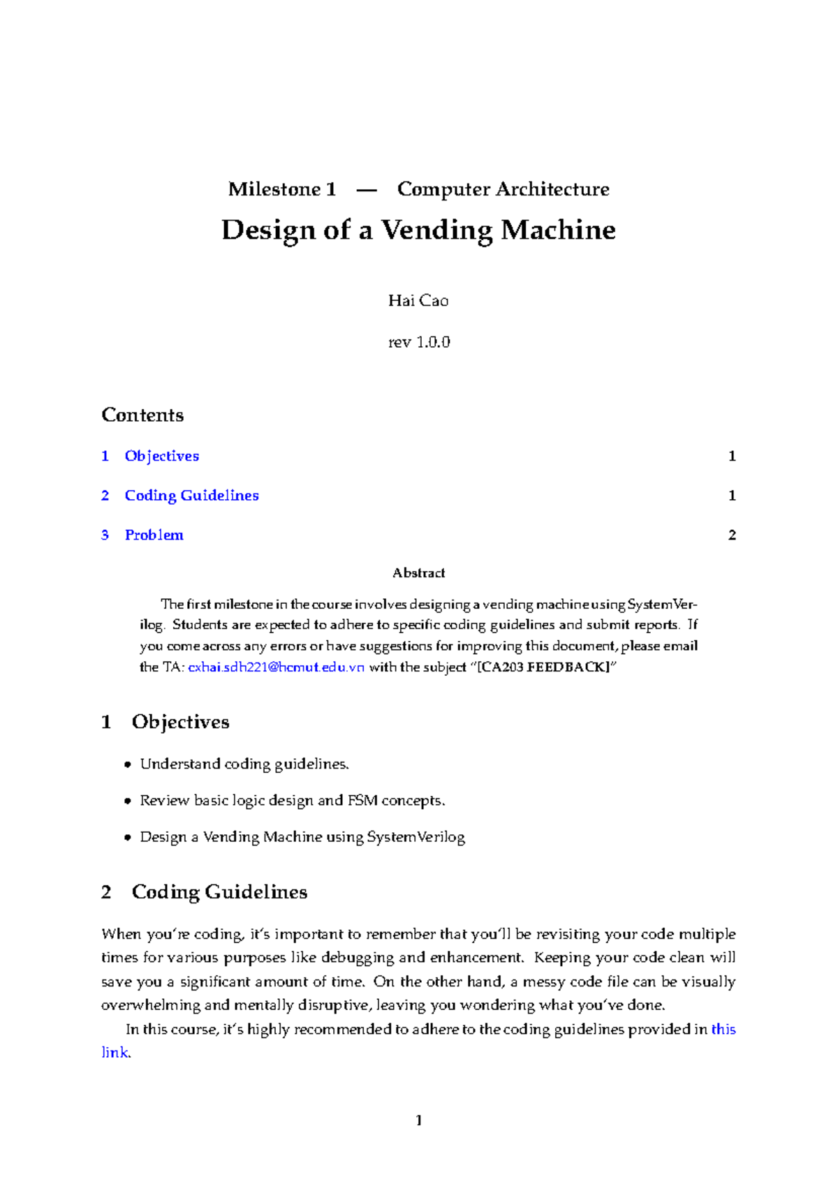 CA203 Milestone 1: Vending Machine Design Using SystemVerilog - Studocu