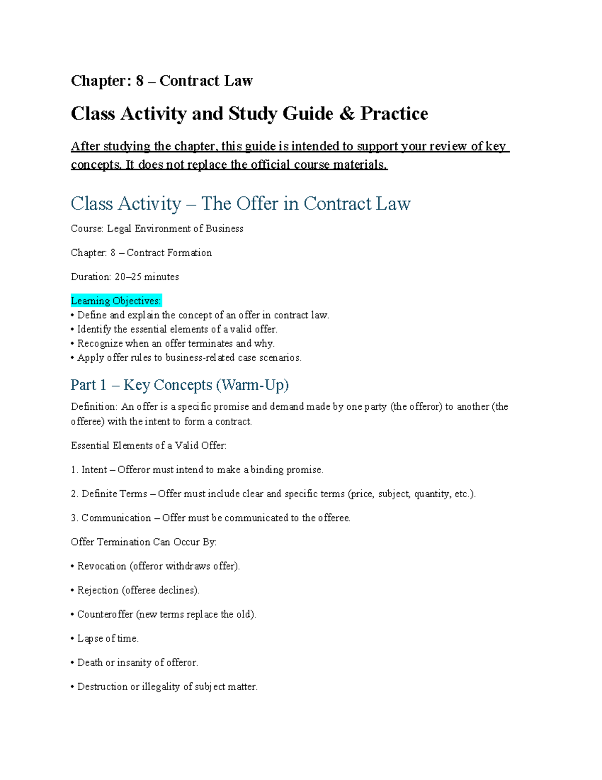Class Activity: Ch 8 - The Offer in Contract Law Study Guide - Studocu