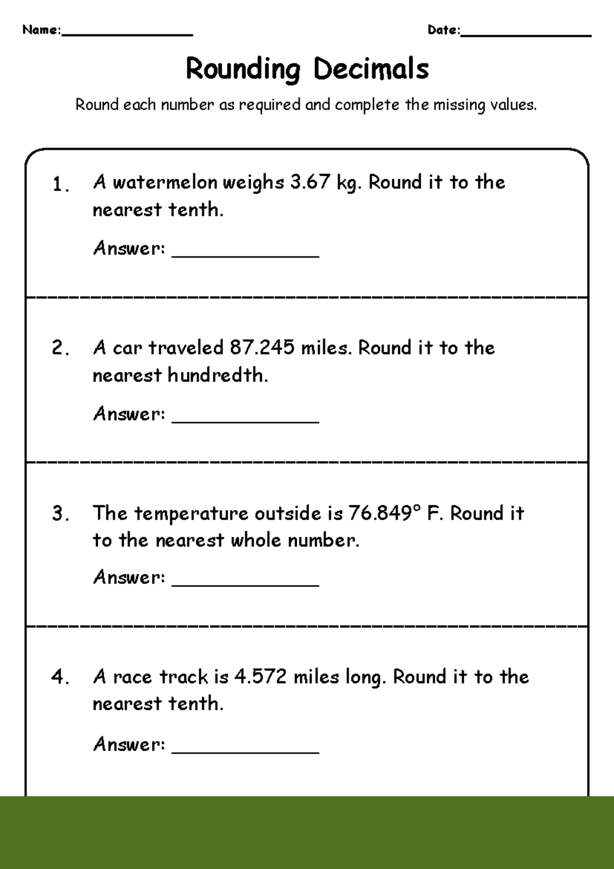 Decimal Rounding to Whole Number, Tenths, and Hundredths – 5th Grade ...