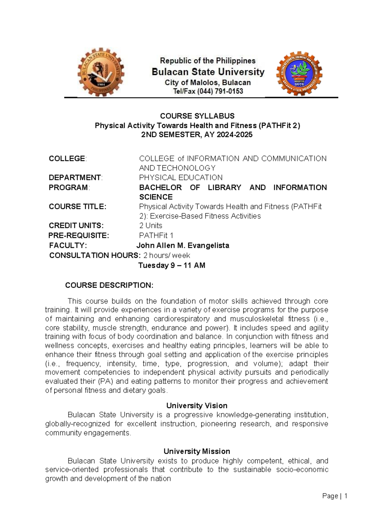 PATHFit 2 Syllabus: Physical Activity Towards Health and Fitness - Studocu