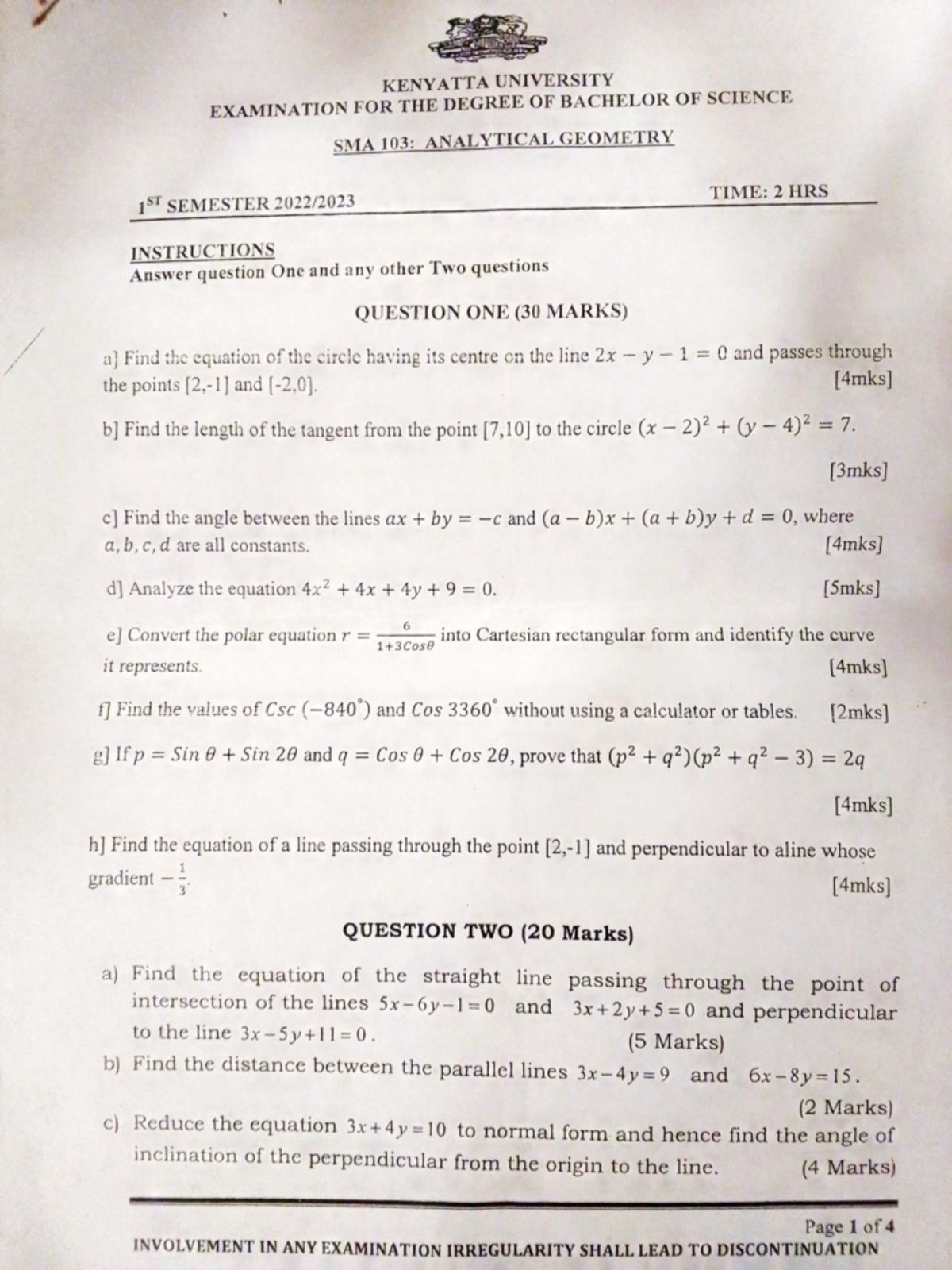 SMA103 Final Exam Past Paper: Analytical Geometry Insights - Studocu