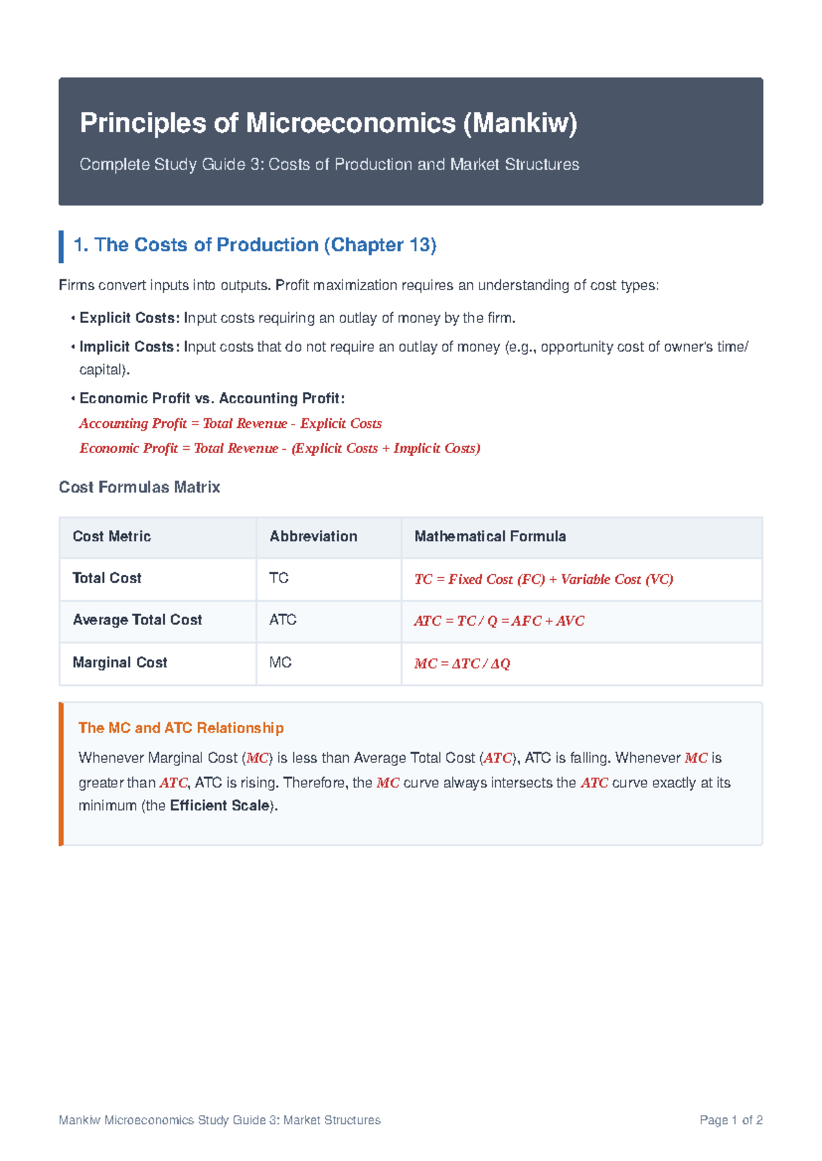 Principles of Microeconomics (Mankiw) Study Guide 3: Costs & Market ...