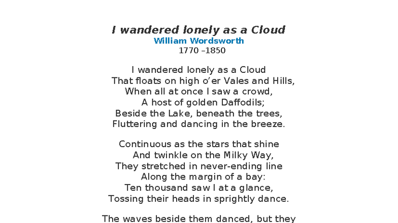I wandered lonely as a Cloud - Poem Analysis & Insights - Studocu