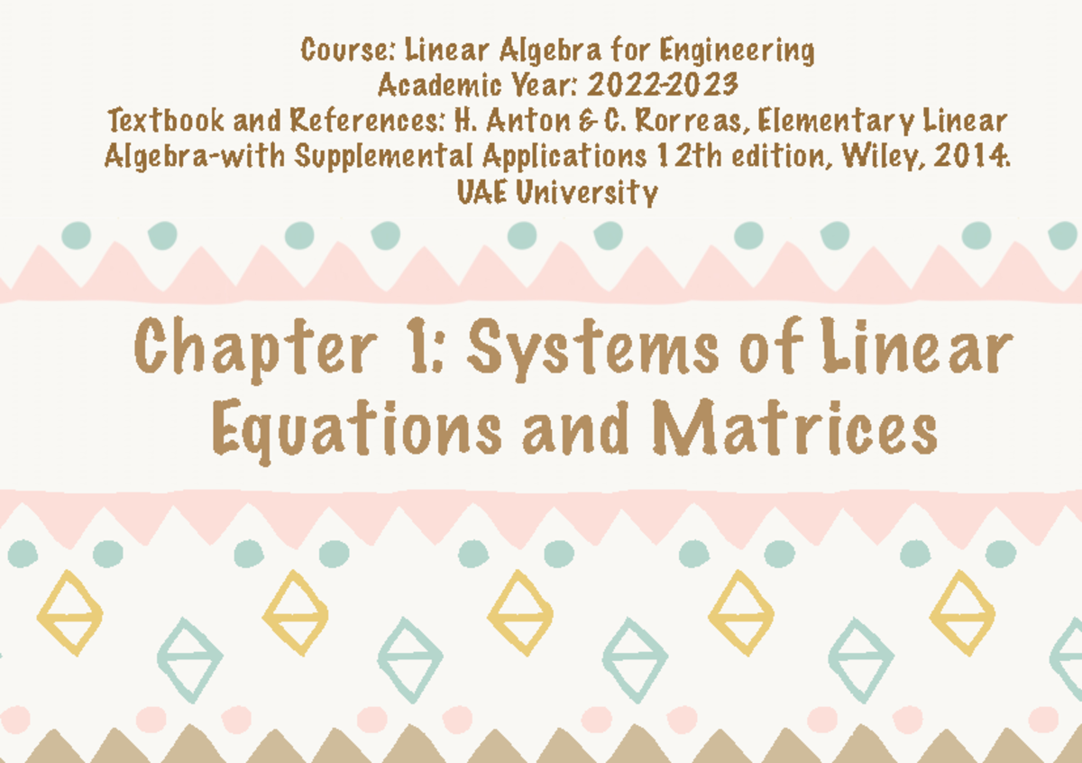 Linear Algebra For Engineering. Chapter 1 Systems of Linear Equations ...