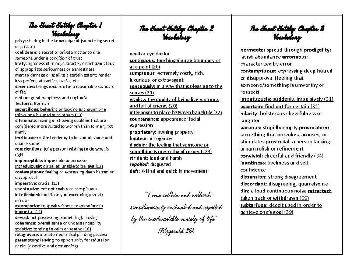 Chapter Vocabulary List: The Great Gatsby (Chapters 1-6) - Studocu