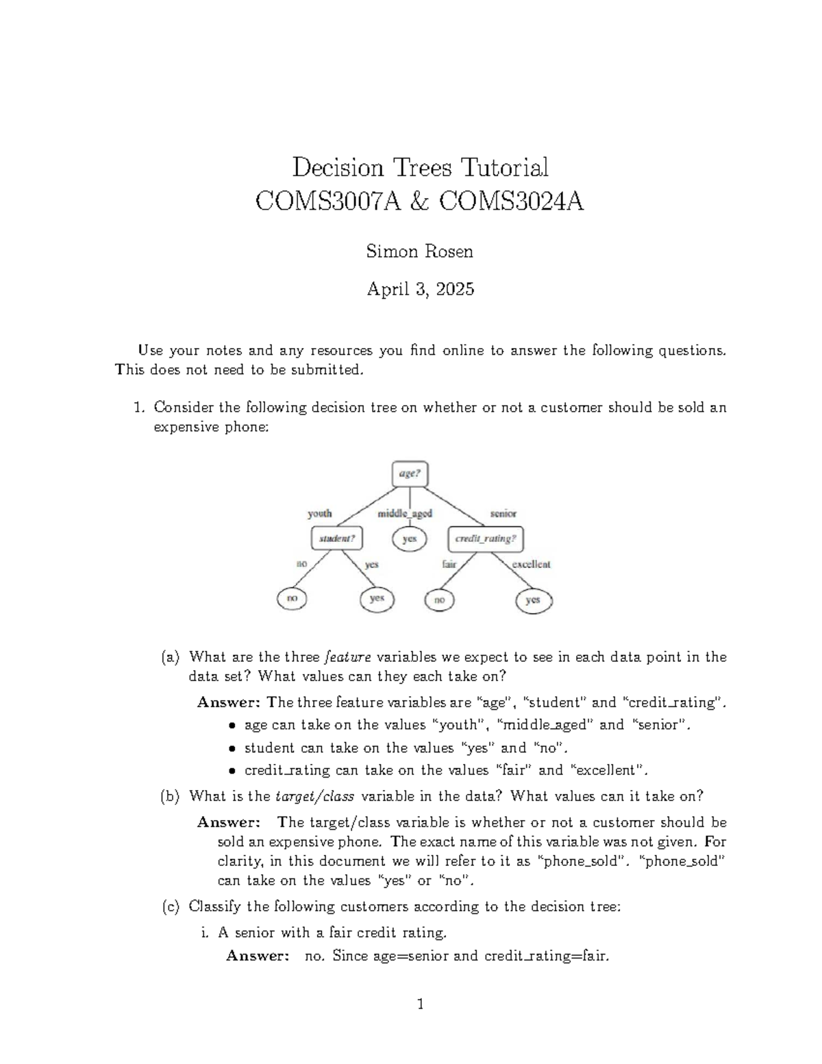 Decision Trees Tutorial COMS3007A COMS3024A - Memo for Tut 2 - Studocu