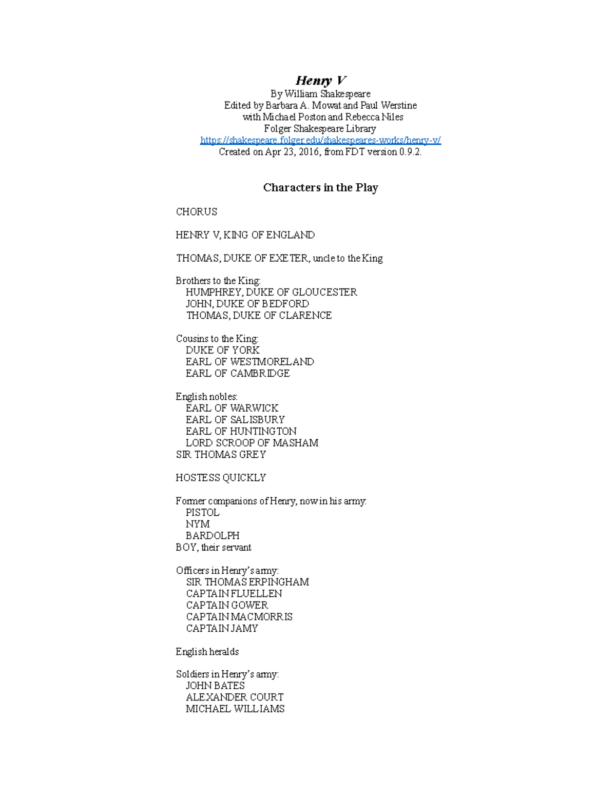 Henry V: Character Analysis and Key Themes - DOC-LN Folger Shakespeare ...