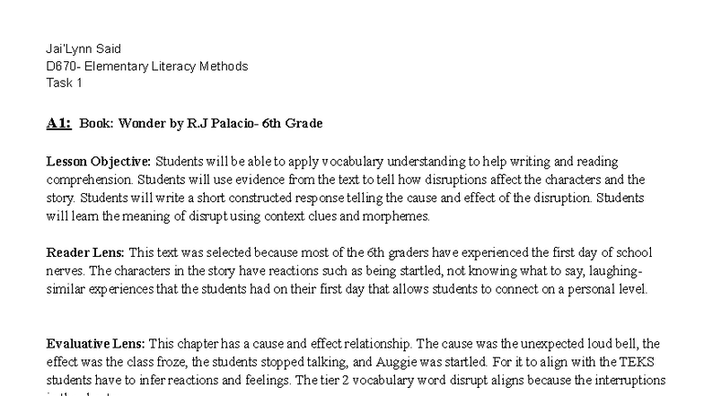 D670 - Task 1: 6th Grade Literacy Methods on "Wonder" - Studocu