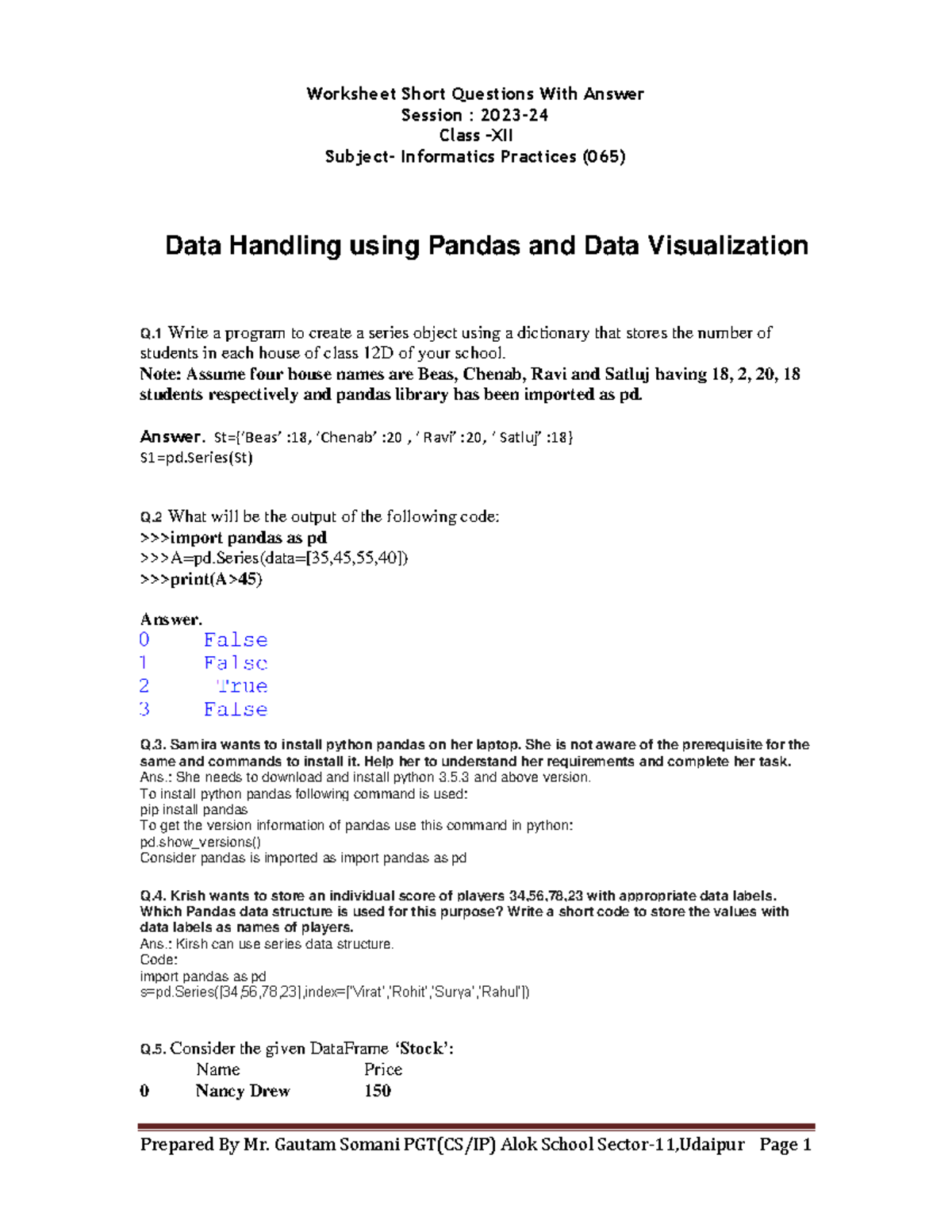 Question Bank Class XII IP 065 Short Answer Questions on Pandas and SQL - Studocu