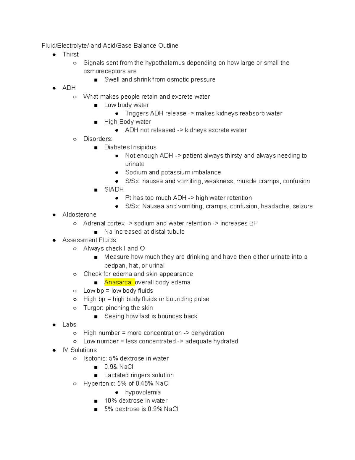 Fluid, Electrolyte & Acid-Base Balance Outline for Nursing (NURS 101 ...