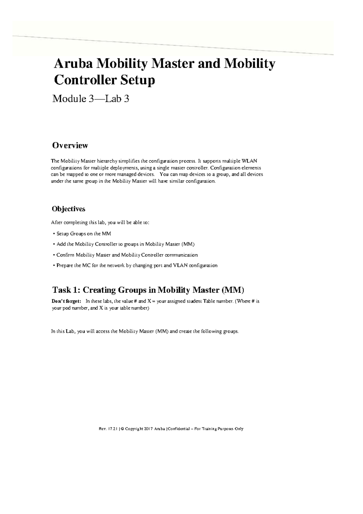 IAW 8.1.0.4 Lab 3: Configuring Aruba Mobility Master & Controller - Studocu