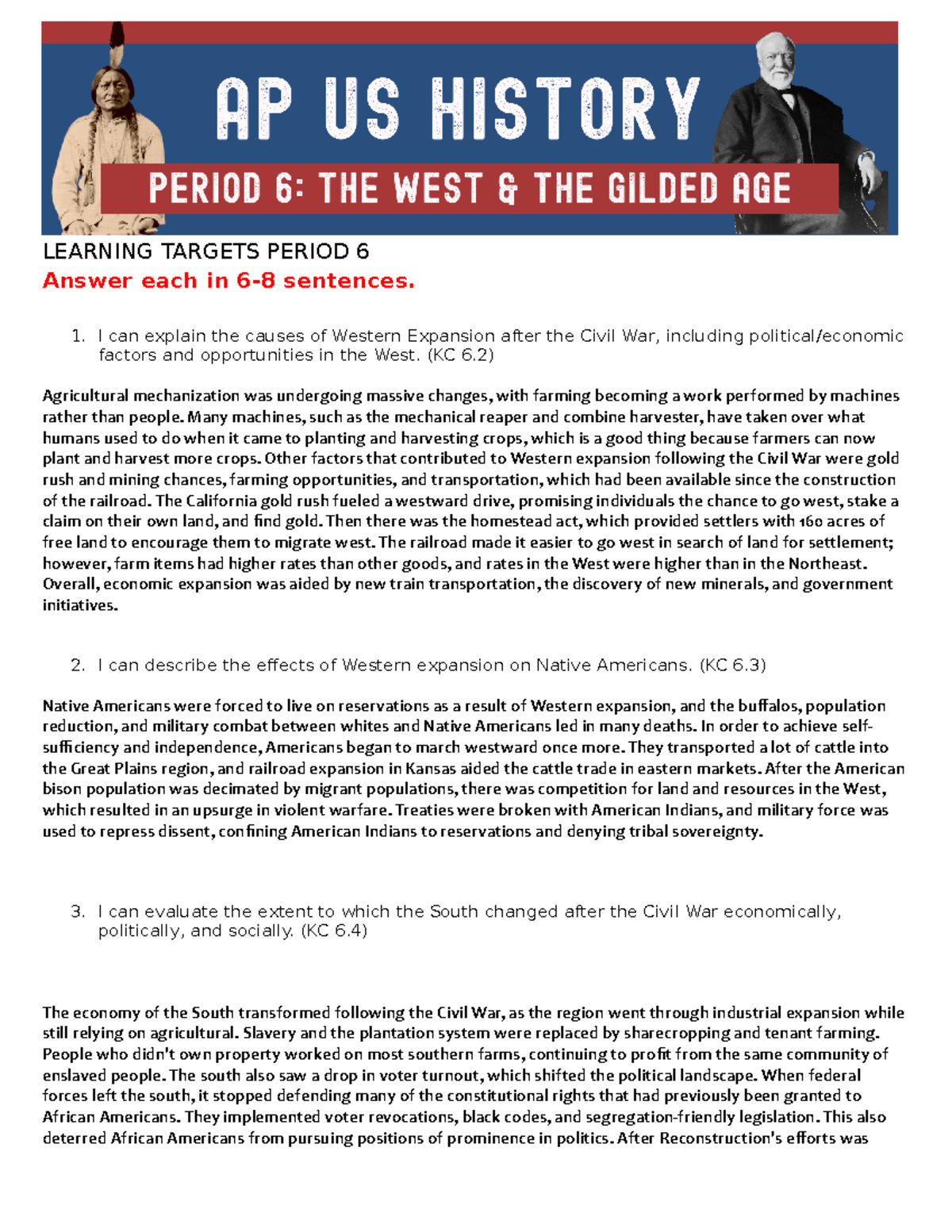 Period 6: Learning Targets and Timeline of U.S. History (1877-1898 ...