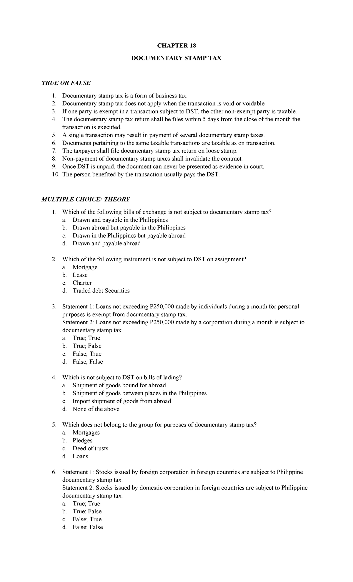 DST - Documentary Stamp Tax: True/False & Multiple Choice Questions - Studocu