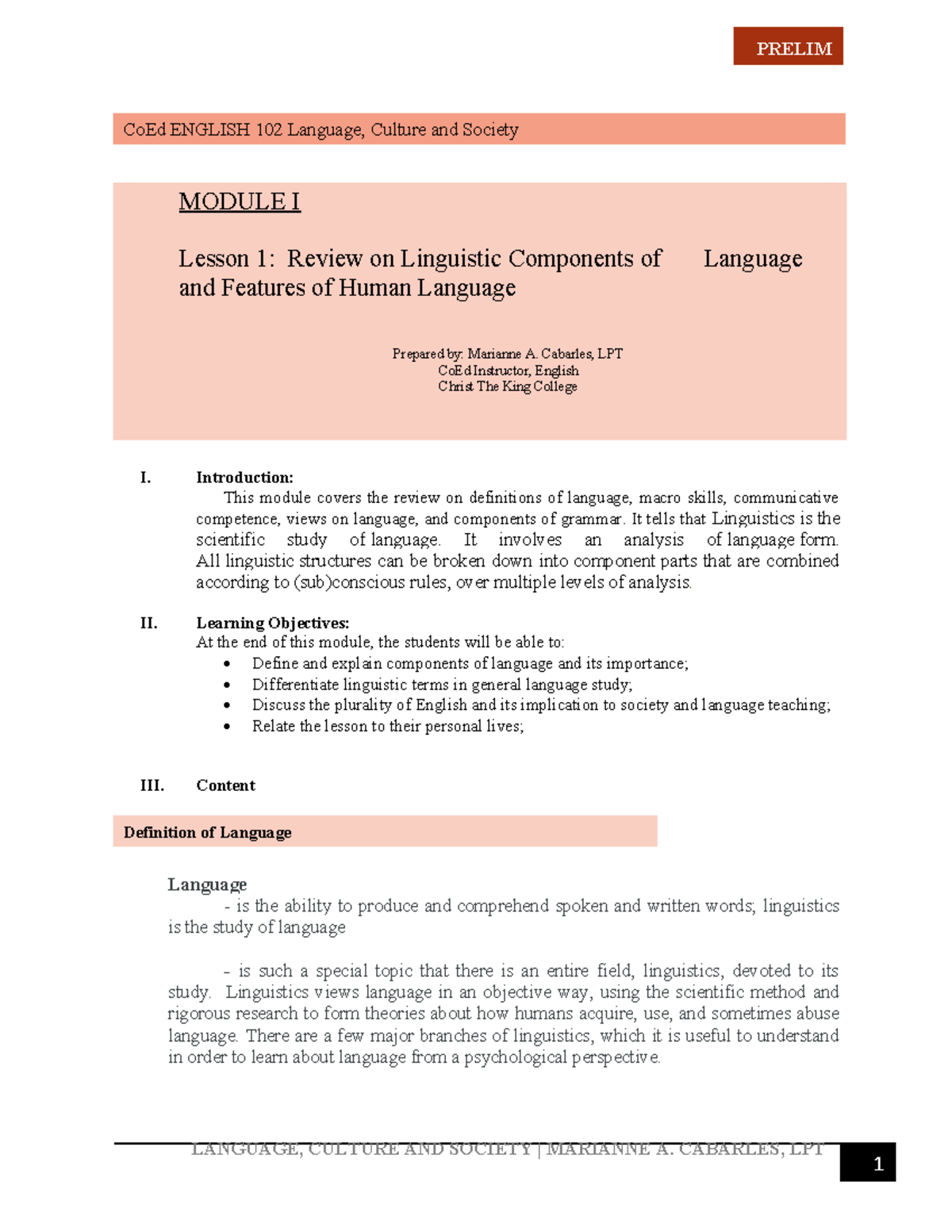 PRELIM CoEd ENGLISH 102 Language, Culture and Society MODULE I Lesson 1: - Studocu