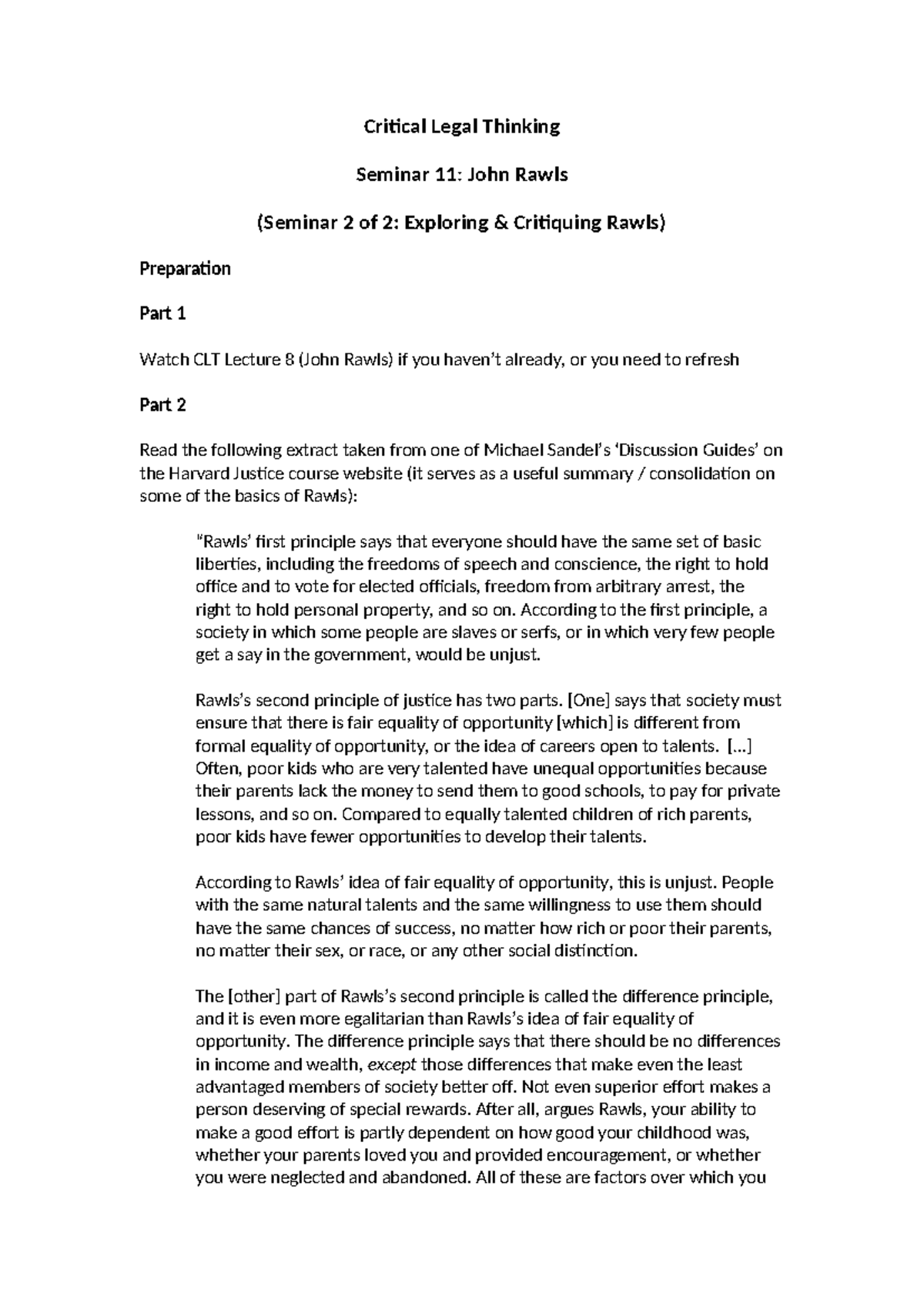 CLT Seminar 11: Exploring John Rawls' Principles of Justice - Studocu